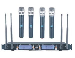 gtd audio 4 x100 changeable frequency channels uhf wireless microphone dj karaoke mic system, range 400ft, battery 12 hours (4 handheld mics) 668h