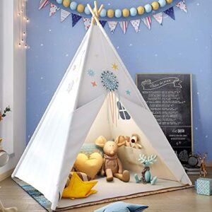 teepee play tent for kids with gifts coloured flag, feathers and carry case, indoor outdoor playhouse for baby toddler, teepee toys for boys and girls