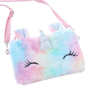 women girls kids fluffy fuzzy unicorn bag plush tie dye rainbow crossbody purse