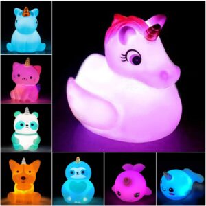 jomyfant unicorn bath toys light up floating rubber toys(8 packs),flashing color changing light in water,baby infants kids toddler child preschool bathtub unicorn bathroom toy …