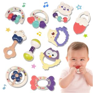 woby 10pcs baby toys rattles set, toddlers chewing teething toys grab shaker hand bells and spin rattle musical toy playset early educational gift toys for baby newborn infant 6-12 months