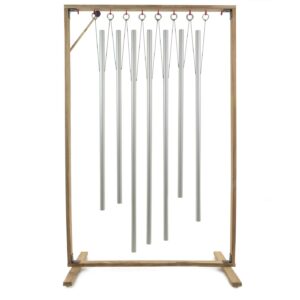 set of 7 chakra tuned healing chimes with framed wood stand - includes 7 chimes, stand, & mallet/great for sound therapy & chakra balancing