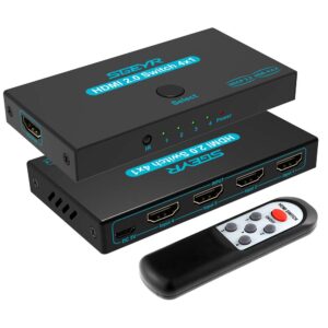 sgeyr hdmi 2.0 switch 4 port, hdmi switch splitter 4 in 1 out, metal hdmi switcher 4k with ir remote, support hdcp 2.2 support 4k@60hz ultra hd 3d 2160p 1080p, compatible for ps3/ps4,xbox