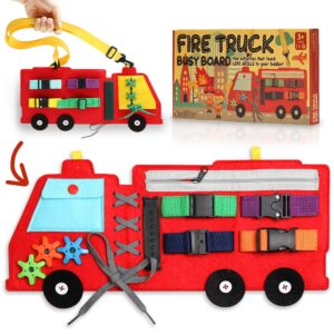 busy board for toddlers 1-3 or 2-4, firetruck preschool educational early learning toy, basic life skills and fine motor montessori activities for kids, learn to dress sensory toy as travel game