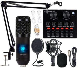 podcast equipment bundle, bm-800 mic kit with live sound card, adjustable mic suspension scissor arm, metal shock mount and double-layer pop filter for studio recording & broadcasting (cf200-black)