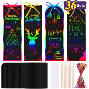 tipiso scratch bookmarks art gift set - 36 pcs magic rainbow scratch painting bookmarks, diy hang tags party theme supplies decorations crafts for kids christmas birthday game, easter classroom party