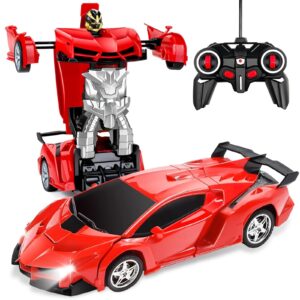 transformable remote control car for boys 4-7 8-12 gifts, 1:18 transform robot toy car with 360° rotating led lights & one button deformation, kids robot toys for 3 4 5 6 7 8 9 10+years old, red