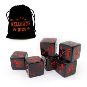 set of 6 bescon halloween dice 6 sides in solid black, 6 sided halloween dice set in velvet pouch