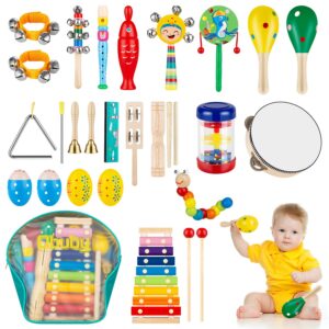 obuby kids musical instruments sets 18 types 24 pcs percussion instruments for toddler preschool educational wooden toys with storage bag for kids children boys and girls