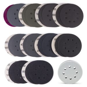 poliwell 5 inch sanding discs 8-hole hook and loop sandpaper wet dry sanding sheets 80 to 2000 assortment grits 50 pack with 5” interface pad for random orbital sander automotive wood metal plastic