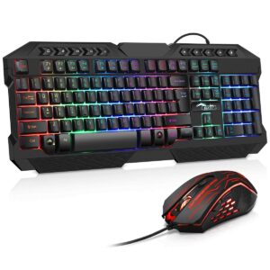 bakth multiple color led rainbow backlit wired gaming keyboard and mouse combo, usb ergonomic computer keyboard with 7 colors 3600dpi 6 button mouse for pc windows mac game and work