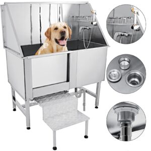 vevor 62 inch professional dog grooming tub stainless steel pet bathing tub large dog wash tub with faucet walk-in ramp accessories dog washing station pet bath tub