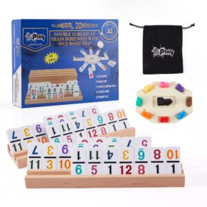 pureplay mexican train dominoes set with numbers - double 12 colored number dominoes - includes 91 tiles with 9 trains, 4 wooden trays and storage bag for 2-8 players ages 8+