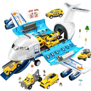 temi mist spay storage transport plane cargo with 6 free wheel diecast construction vehicles and playmat, kids toy jet aircraft with lights & sounds for 3 4 5 6 years old boys and girls