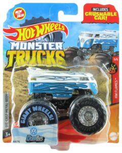 hot wheels monster trucks 2020 1:64 scale truck with crushable car #68/75 hw flames #5/5 vw volkswagen drag bus