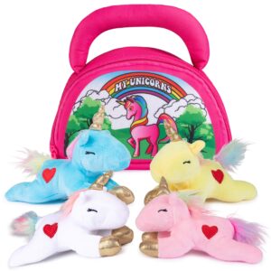 plush creations talking unicorn plush toy set includes 4 talking soft stuffed unicorns for girls, a pink, blue, white, & yellow plush unicorn doll with a pink carrier, great gift for baby and toddler