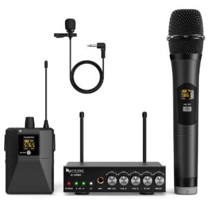 fifine wireless microphone system, 50 channels, 3.5mm jack, auxiliary