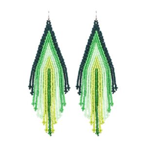 luluping long beaded dangle earrings – boho native handmade seed bead tassel earrings for women, bohemian large statement beaded drop fringe earrings (green beaded earrings b)