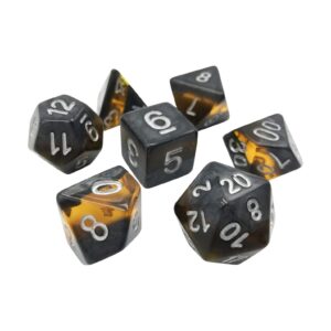 20 forgotten amber - 7 piece polyhedral dnd dice set by d20 collective - black and amber swirled acrylic dice for table top dungeons and dragons rpgs and gaming - d&d dice sets