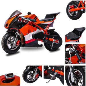 frp 50cc 2-stroke pocket bike 03, epa approved gas pocket bike for kids w/strong dual brake, realistic racing pocket rocket max speed 20 mph, mini bike max weight 165 lb-ultra edition (orange)