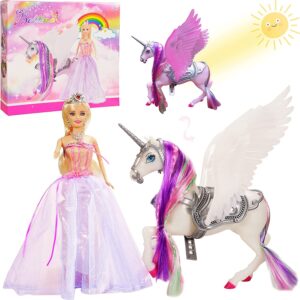 sparkle unicorn and fairy tale princess doll, w/ crystal comb and fairy stick, girls' unicorn doll toys gifts, presents for girl kids aged 3+ (pink unicorn purple dress)