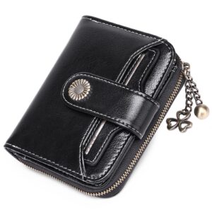 goiacii wallet for women leather small rfid blocking bifold zipper pocket card holder with id window black