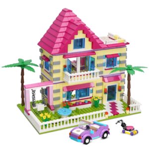 brick story girls friends house building kit, 892 pcs big villa building blocks city family beach house model toy set apartment room playset with 4 mini people and car for girls kids aged 6 and up