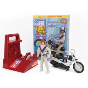 evel knievel stunt cycle - the amazing wind up and go action toy launcher for ultimate jumps, crashes, flips and more - 8 inch bike jumps anywhere from 3 to 10 feet - original 1970's