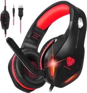 stynice gaming headset for pc, ps4, xbox one, laptop, crystal clear surround sound computer gamer headset with noise canceling mic and led light - lightweight and comfortable gaming headphone