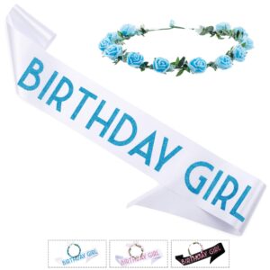 corrure 'birthday girl' sash and tiara - soft satin black with blue glitter birthday sash for women with flower headband - ideal sweet 16, 18th 21st 25th 30th 40th or any other bday party