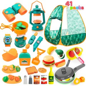 joyin 41pcs kids camping tent set with kids camping gear, camping set includes kids tent, oil lantern, food toys, binoculars, flashlights, compass and more, pretend play camp gear tools for christmas