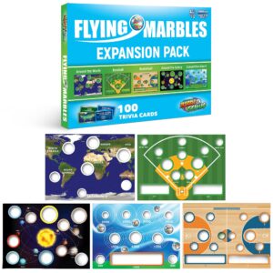 marble genius flying marbles expansion pack - 5 boards + 100 trivia cards set, experience the thrill of racing, includes an app with additional challenges that is perfect for kids, teens, and adults