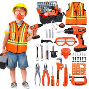 ibasetoy kids tool set - 45 pcs toddler tool set with tool box & electronic toy drill, pretend play kids construction toy set, toy tools for kids ages 3, 4, 5, 6, 7 years old, boy toys