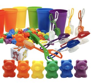 skoolzy color sorting bears, matching cups & rainbow fine motor tongs with dice - 76pc - preschool learning toys for 3 year olds +