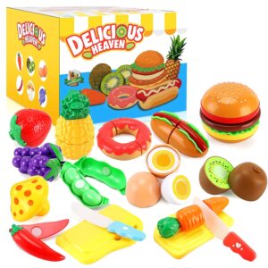 33pcs cutting pretend play food toys for kids kitchen set playset accessories bpa free peel & cut toy food fruits and vegetables toys, christmas birthday gift for toddlers girls boys kids storage box