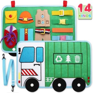 toddler busy board, 14 in 1 activity board(garbage car style), montessori sensory toy for fine motor skills, learning toy for airplane or car travel, preschool educational gift for kids boys girls