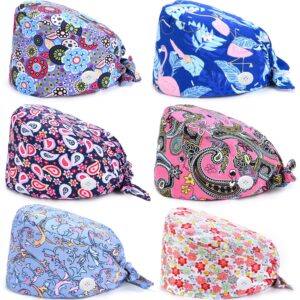 satinior 6 pieces adjustable turban caps with button and sweatband bouffant printed covering hat for women men