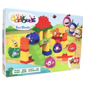 oddbods eco blocks, sugarcane plant-based building block toys for toddlers and preschool kids, compatible with other building block toys, multicolor, 41 piece starter set