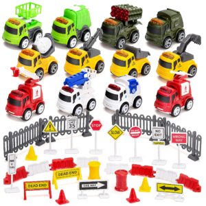 joyin 12pcs toddler toy cars diecast friction powered vehicles with 12 traffic road signs 4 construction truck 2 fire truck 2 police car 2 garbage truck 2 military car kids birthday easter xmas gifts