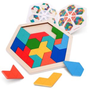 wooden hexagon tangram puzzle for kids adults, geometric shape pattern blocks, 3d logic iq game, 60 brain teaser challenges, stem montessori educational toy, travel games for road trip