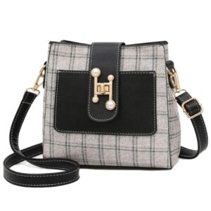 bestsent women's pu leather crossbody bag plaid shoulder purse (off-white plaid black)