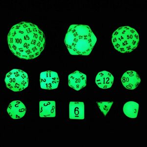 bescon super glowing in dark complete polyhedral rpg dice set 13pcs d3-d100