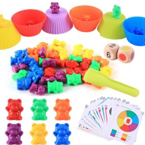 counting bears with sorting cups 46 pcs, topseller rainbow bear counters with matching stacking cups cards dices & tweezers, montessori matching game, educational color sorting toys for toddlers kids