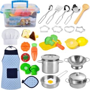 cosily kitchen pretend play toys, kids cooking and baking set with stainless steel cookware pots and pans set, cooking utensils, apron & chef hat, cupcake moulds, cutting vegetables for boys and girls