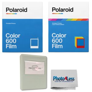 polaroid color film for 600 color frame + polaroid color film for 600 (8 exposures) + photo album for wide prints holds 32 prints + cloth