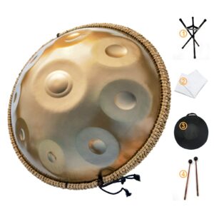 as teman handpan, handpan drum instrument in d minor 9 notes 440hz 22 inches steel hand drum with soft hand pan bag, 2 handpan mallet,handpan stand,dust-free cloth,gold