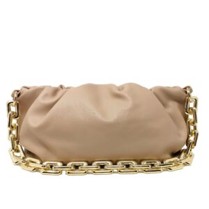 prime original women's chain pouch bag | cloud-shaped dumpling clutch purse | ruched chain shoulder handbag (beige)