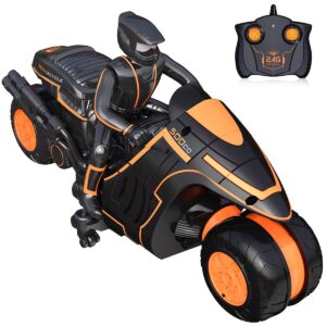 karoter remote control motorcycles, 360° spinning action rotating drift stunt motorbike 2wd high speed rc motorbikes 2.4ghz radio control motorcyle with riding figure toys for kids boys