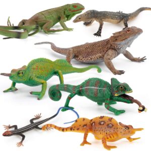 fantarea realistic jungle animal figures 7 pcs set, chameleon lizard, desktop decor, cake toppers, party favors for boys and girls ages 5-8