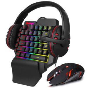 one hand rgb gaming keyboard and backlit mouse and gaming headset with microphone,usb wired rainbow single hand mechanical feeling keyboard with wrist rest support, gaming keyboard set for game